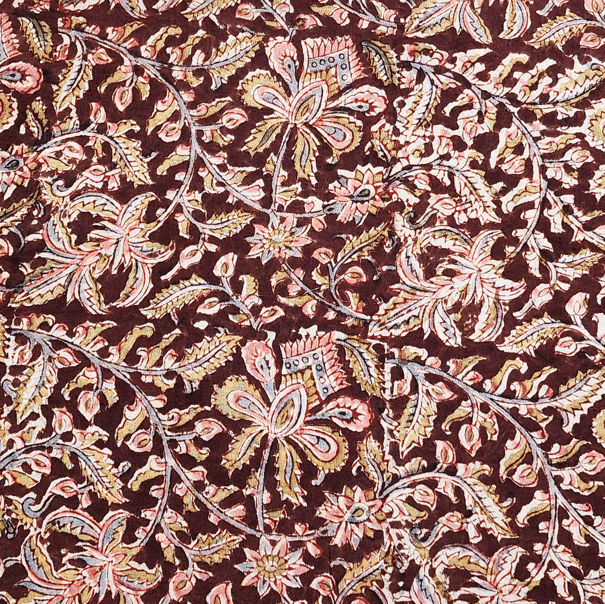 (Pre-Cut 1 Meter) Pure Cotton Mul Kalamkari Brown With Flower Jaal Han ...