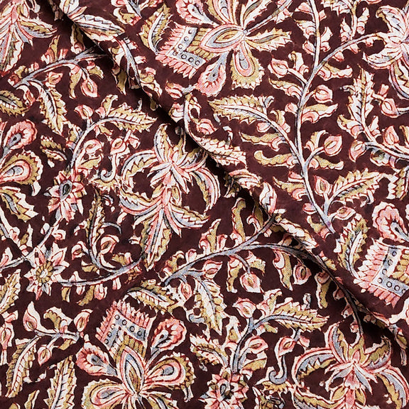 Pure Cotton Mul Kalamkari Brown With Flower Jaal Hand Block Print Fabr ...