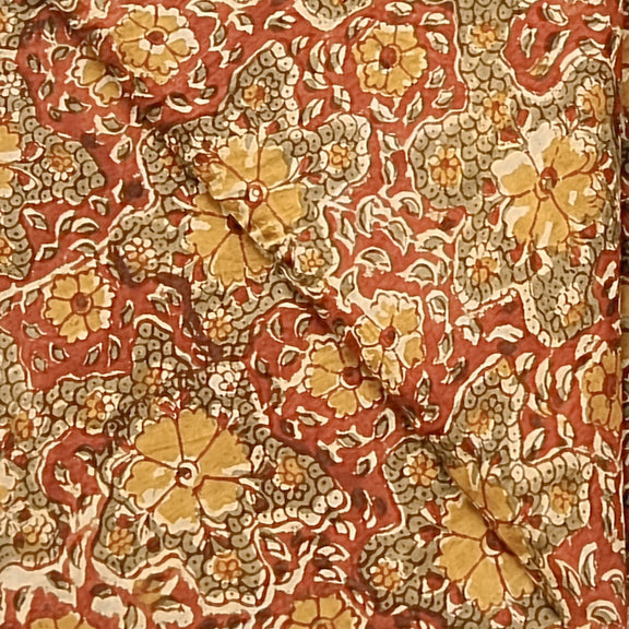 Pure Cotton Mul Kalamkari Red With Mustard Flower Jaal Hand Block Prin ...