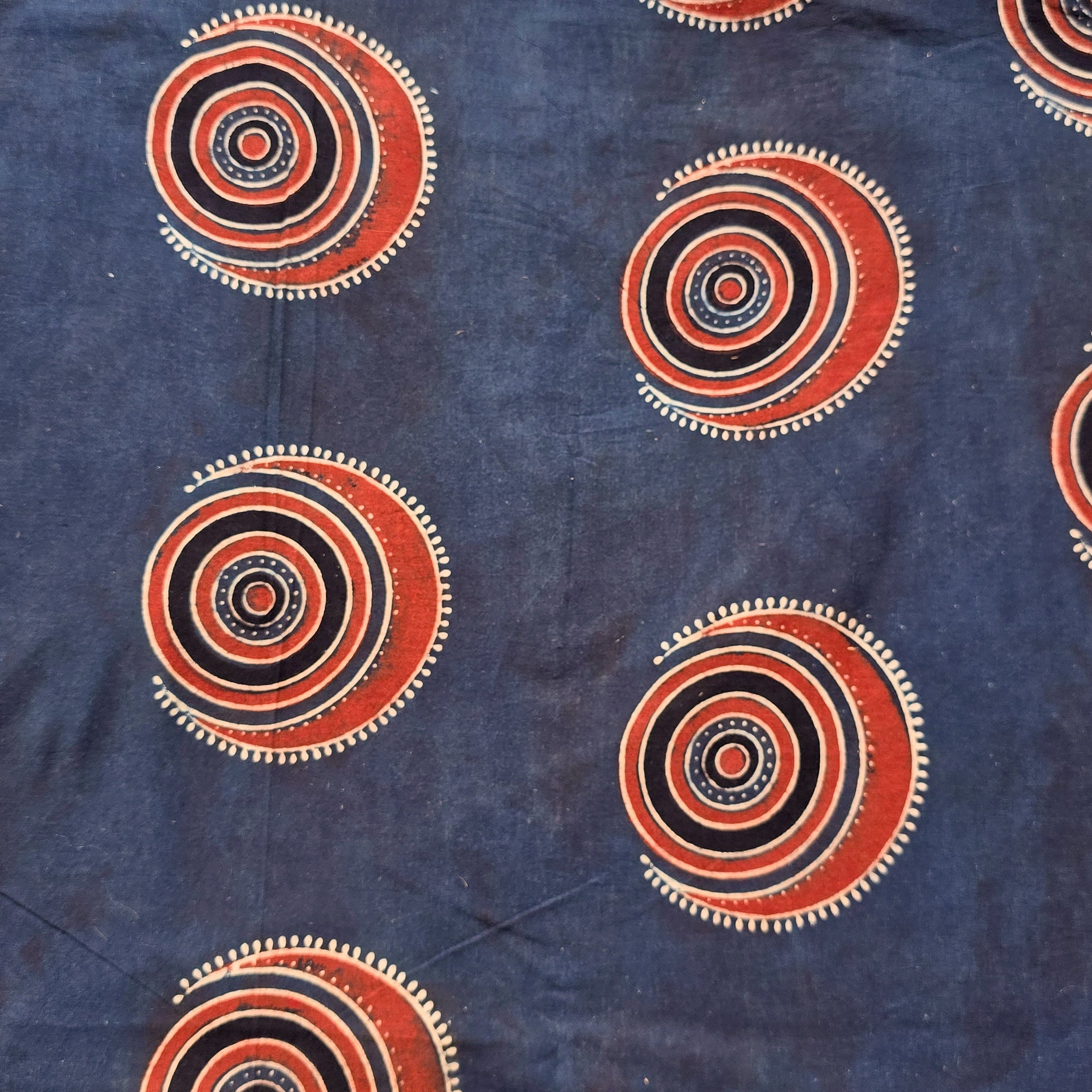 (Pre-Cut 1.90 Meter) Pure Cotton Ajrak Blue With Rust Red Big Circle M ...
