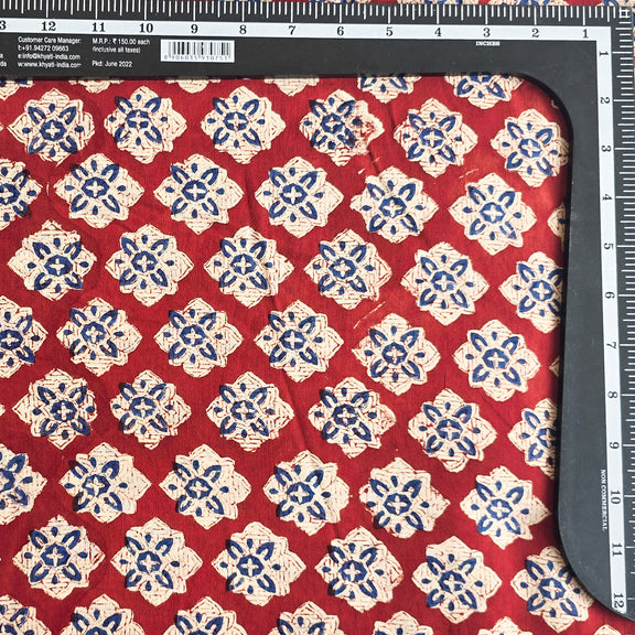 Pure Cotton Mul Bagru Maroon And Cream With Blue Small Tile Flower Mot ...