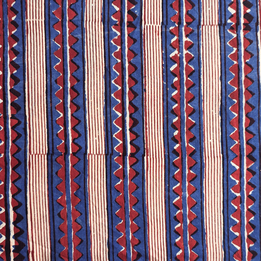 (PRE-CUT 1.60 METER) Pure Cotton Mul Bagru Blue With Red Triangle Stri ...