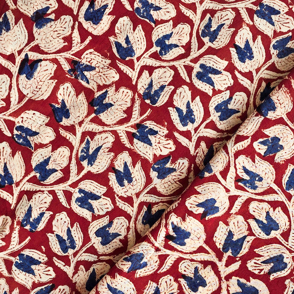Pure Cotton Mul Bagru Maroon And Cream With Blue Flower Jaal Hand Bloc ...