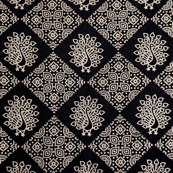 Pure Cotton Ajrak Vegetable Dyed Black And Cream Peacock With Interica ...