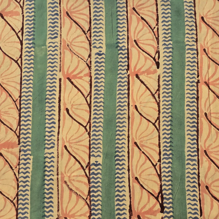 (PRE-CUT 1.40 METER) Pure Cotton Jaipuri Beige With Green And Peach Bo – Sanskruti
