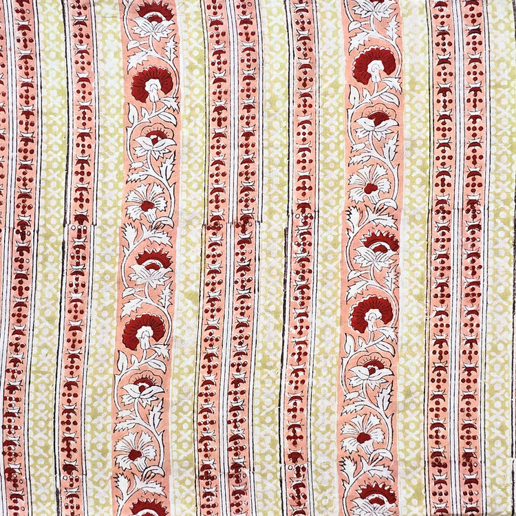 Pure Cotton Jaipuri Peach With Green Flower Creeper Border Hand Block – Sanskruti