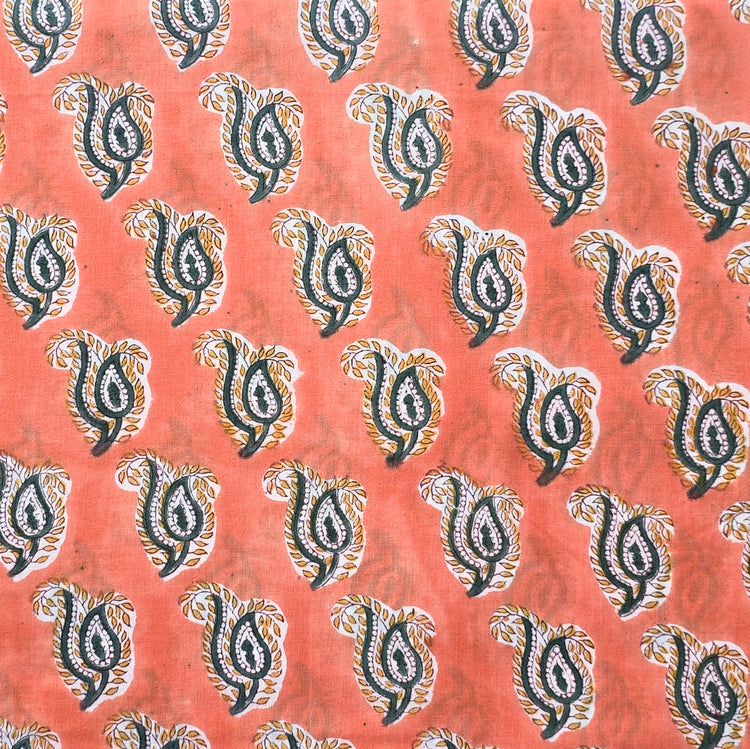 (PRE-CUT 1.90 METER) Pure Cotton Jaipuri Peach With Kairi Motif Hand B – Sanskruti