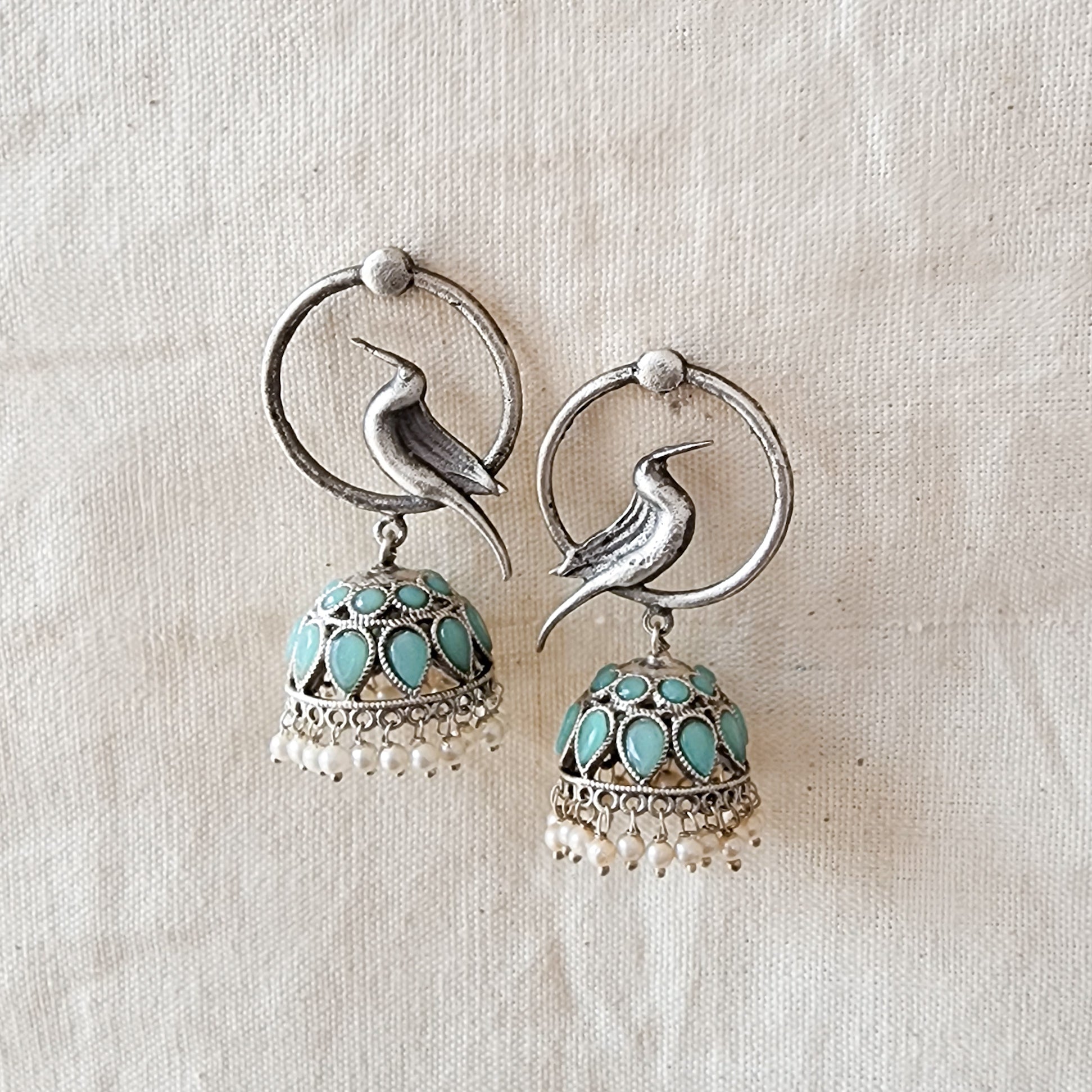 BALAMANI- Pihu Bird With Blue Stone Jhumka German Oxidized Earrings ...