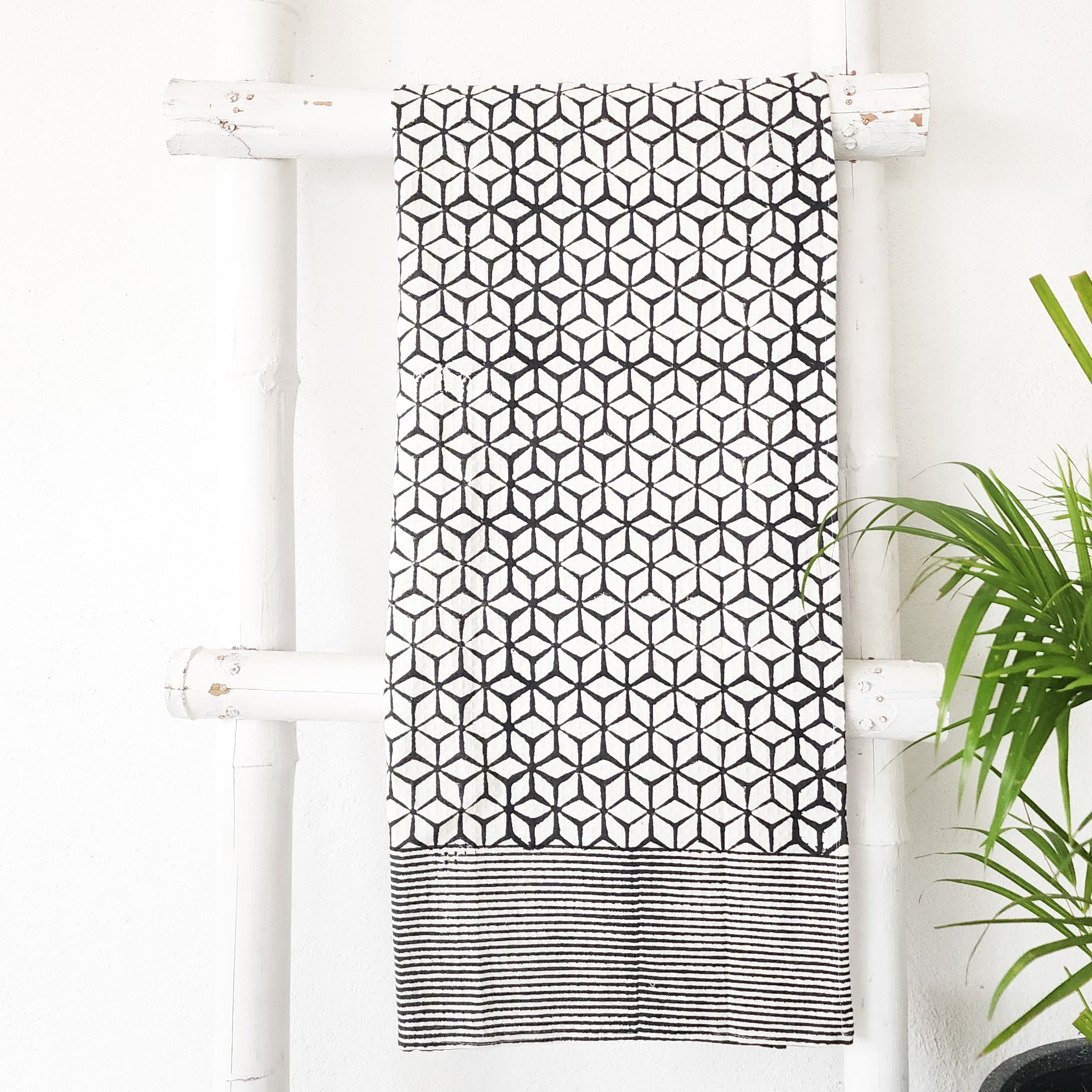 Pure Cotton Bath Towel Block Printed White With Black Pattern Soft And ...