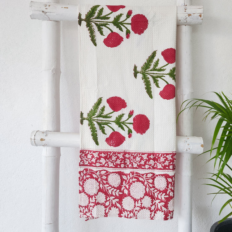 Pure Cotton Bath Towel Block Printed White With Red Flower Motif Patte – Sanskruti