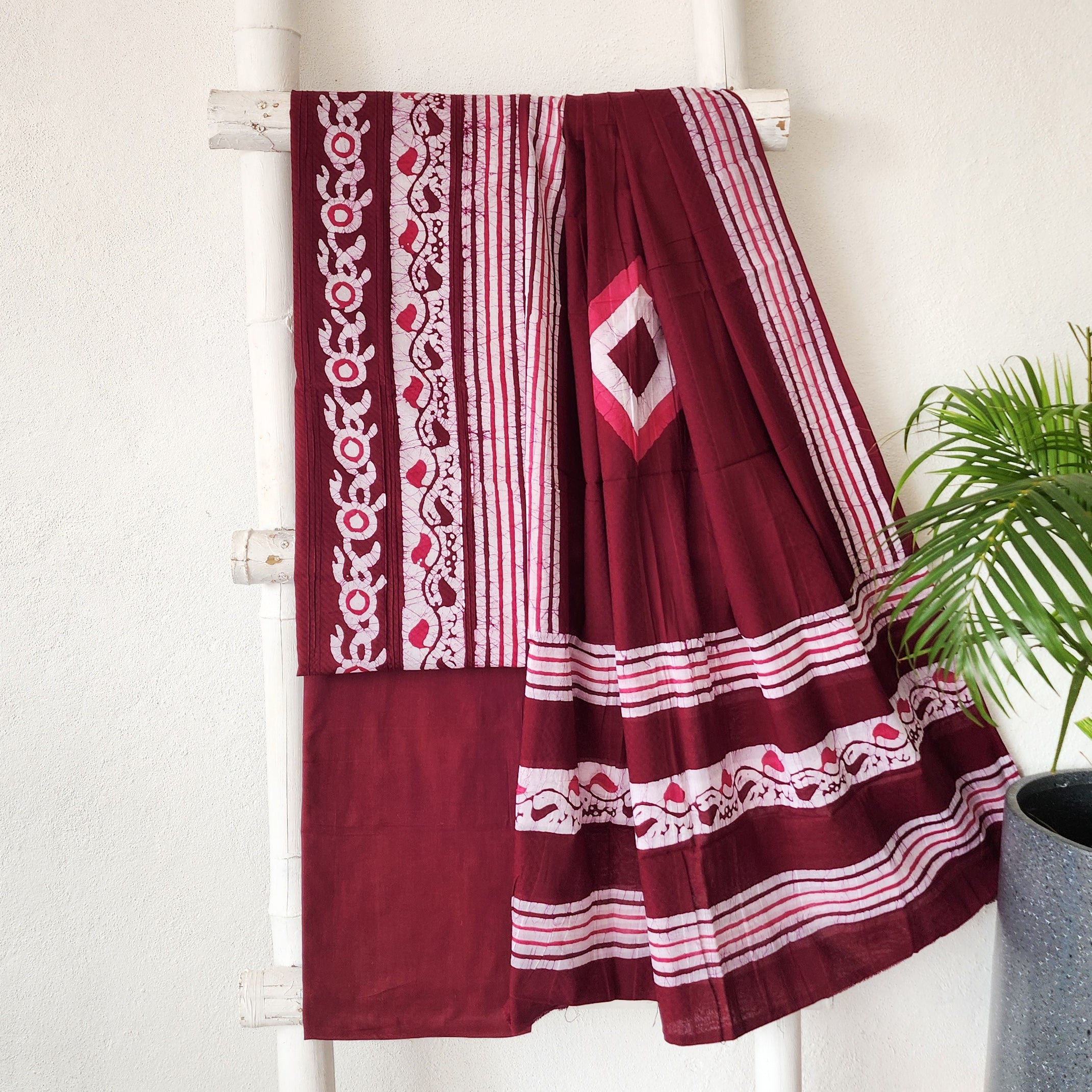 JANVI- Pure Cotton Batik Maroon With White Suit – Sanskruti