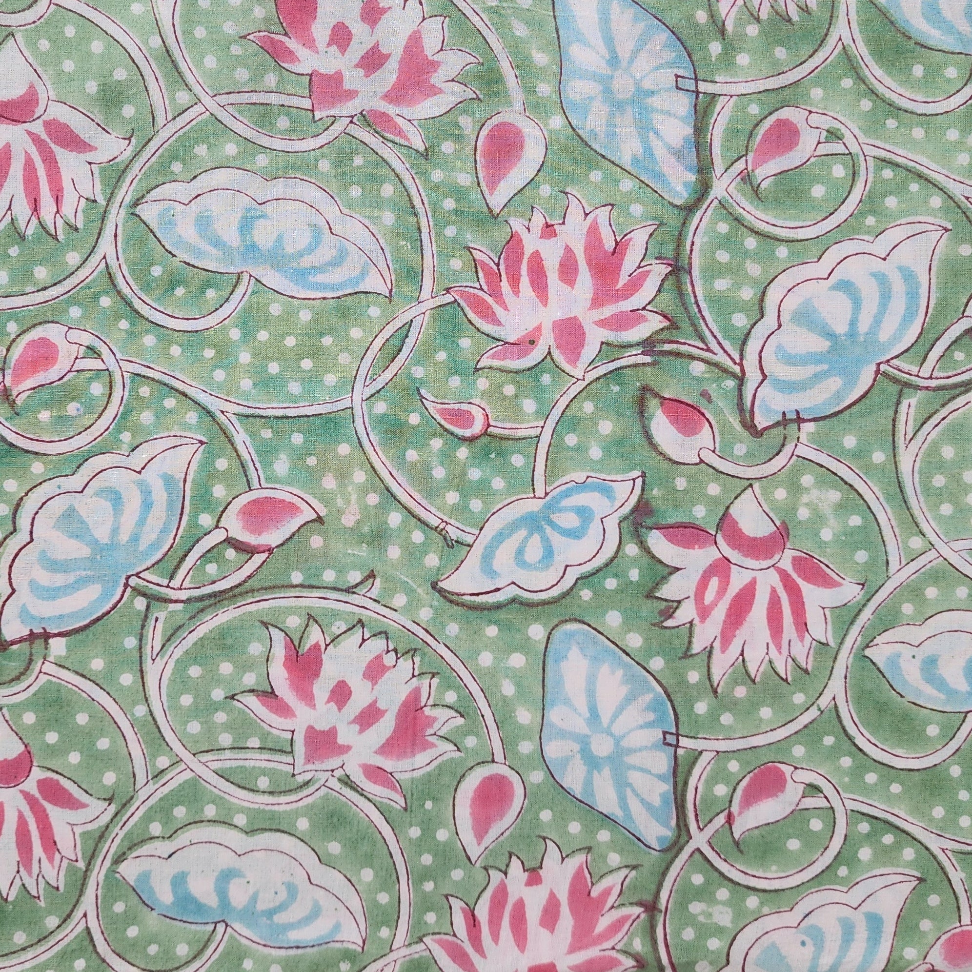 (Pre-Cut 1 Meter) Pure Cotton Jaipuri Green With Pink Lotus Jaal Hand ...