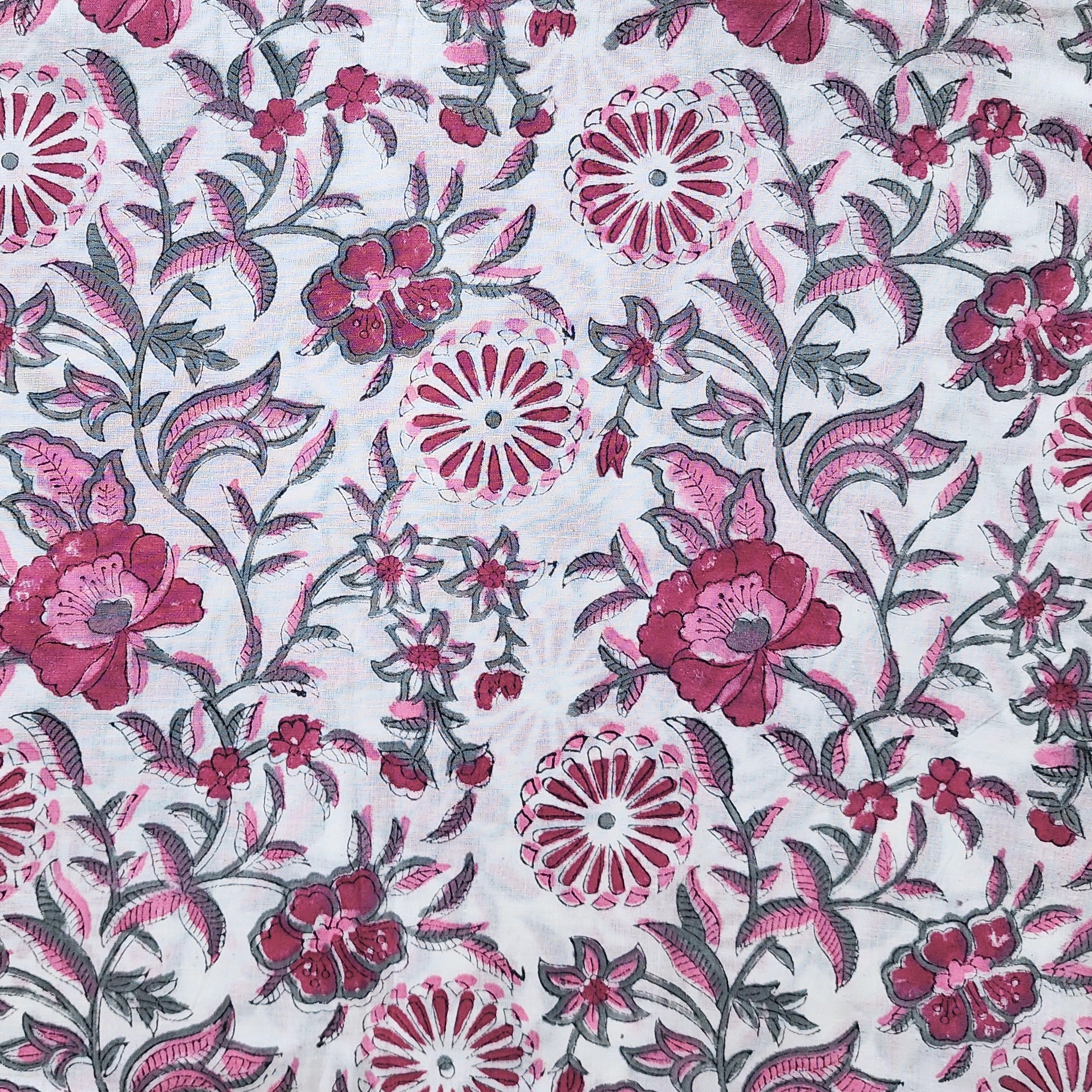 Pure Cotton Jaipuri White With Pink Flower Jaal Hand Block Print Fabri ...