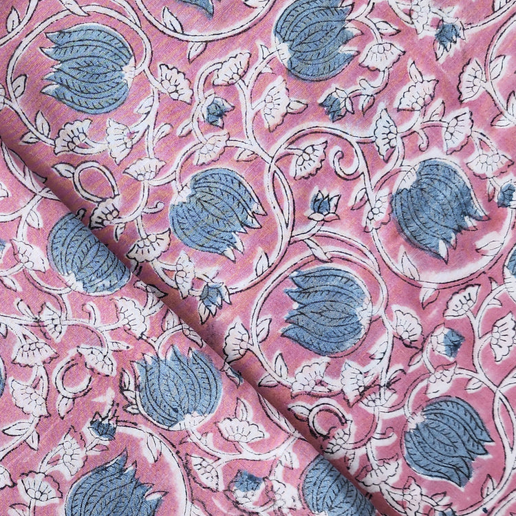 Pure Cotton Jaipuri Dusky Pink With Blue Flower Jaal Hand Block Print ...