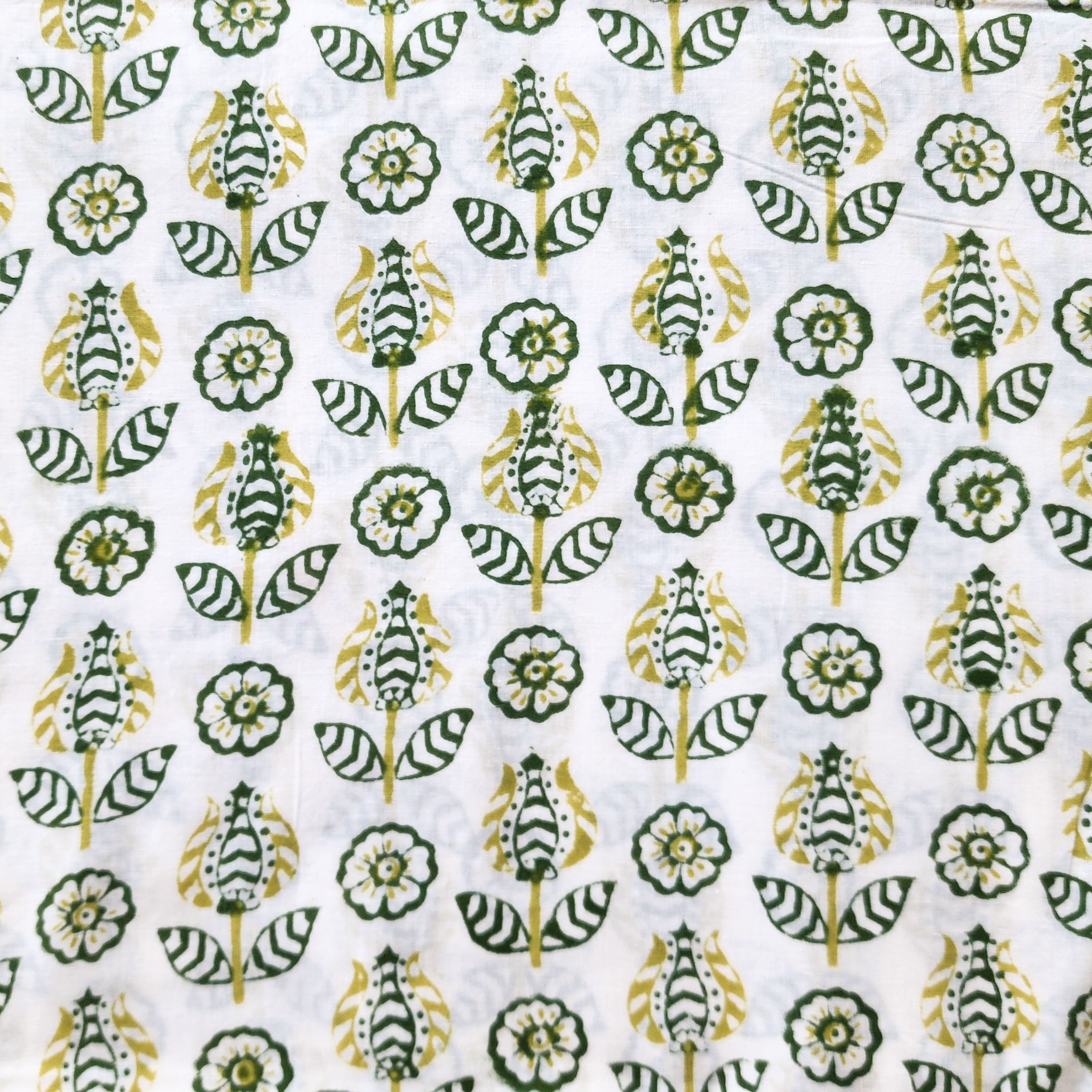 Pure Cotton Jaipuri White With Green Flower Motif Hand Block Print Fab ...