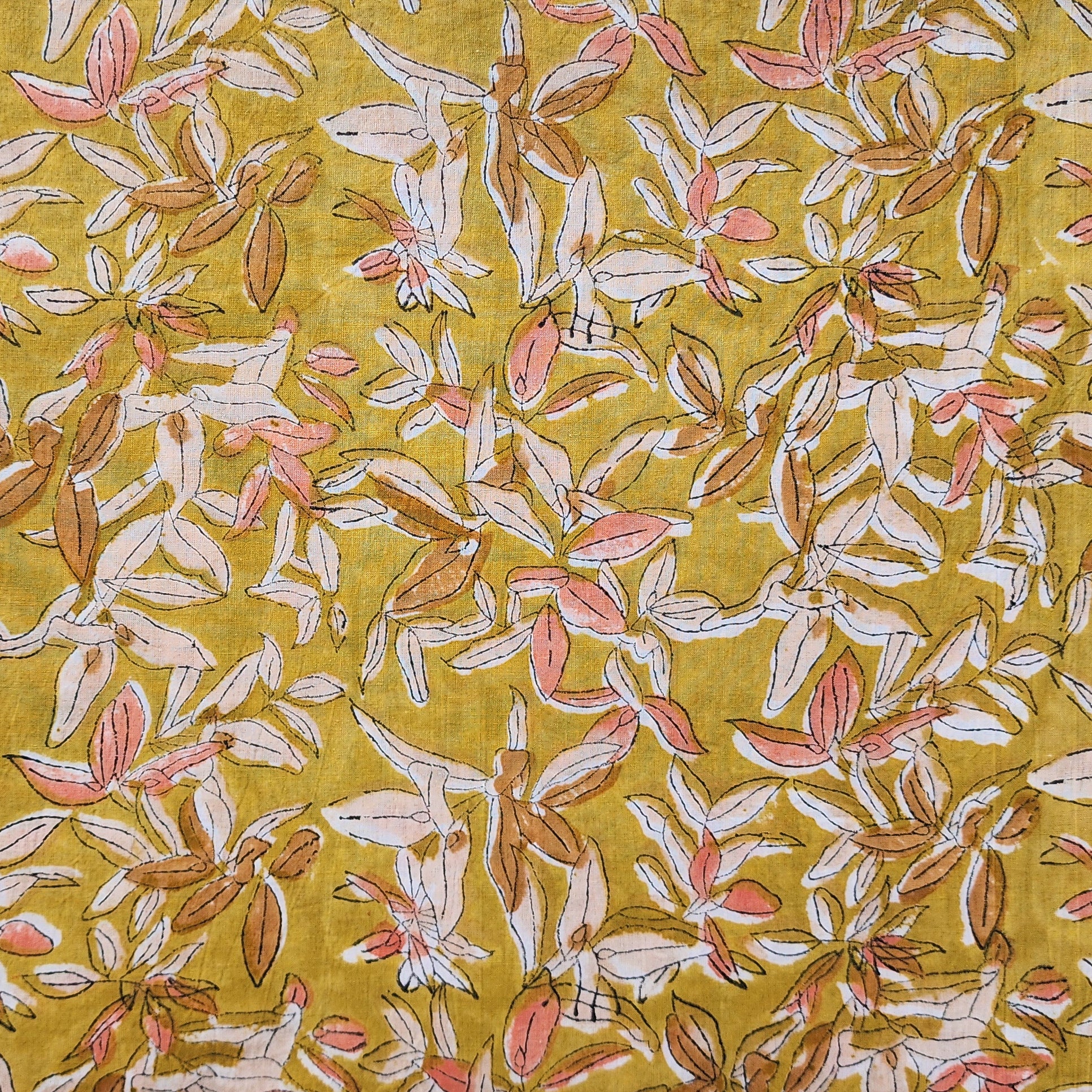 (PRE-CUT 1.90 METER) Pure Cotton Jaipuri Mustard With Peach Flower Jaa ...