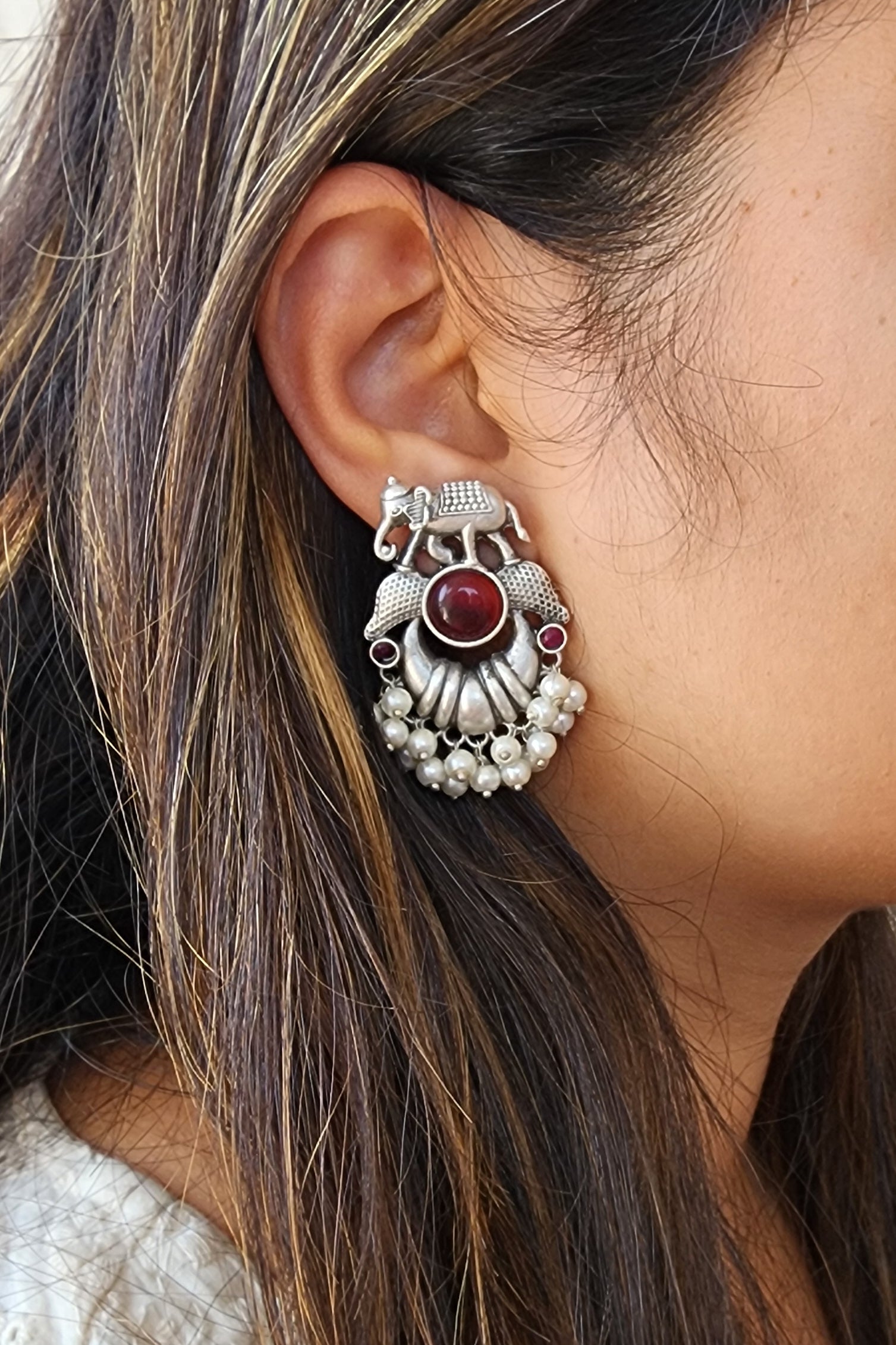 BALAMANI-Monalisa Stone Elephant With Red Pearl German Oxidized Earrin ...