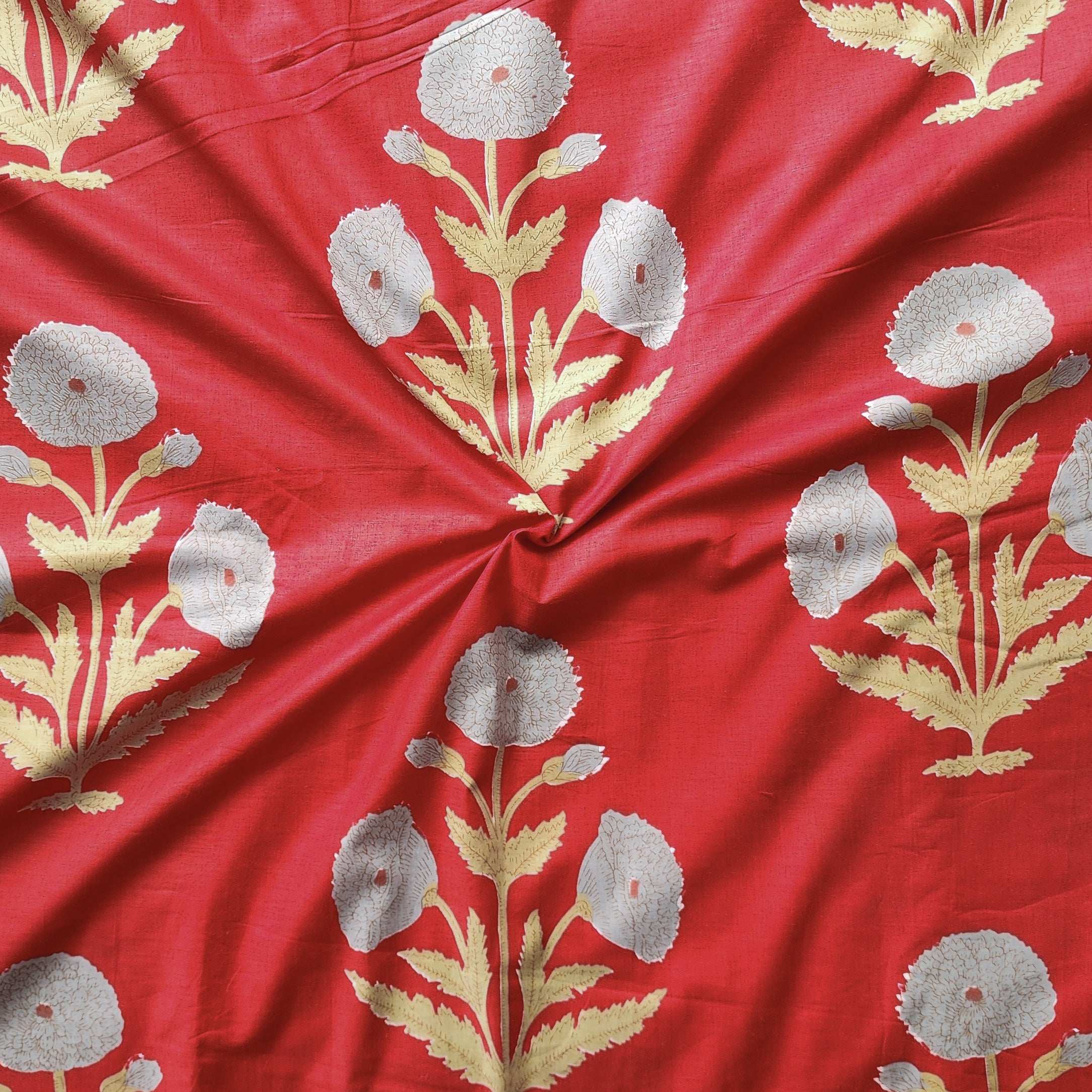 Pure Cotton Screen Print Red With Grey Big Flower Plant Motifs Fabric ...