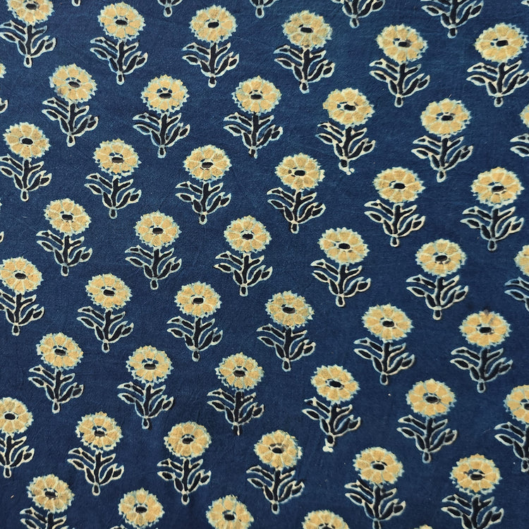 Pure Cotton Gad Ajrak Blue With Mustard Flower Motif Hand Block Print – Sanskruti