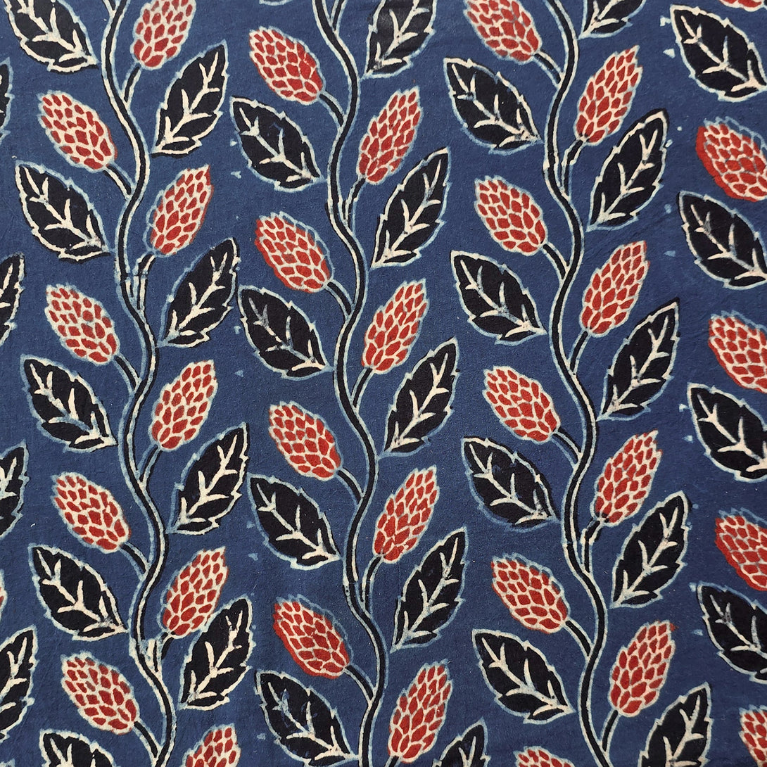 (PRE-CUT 1.60 METER) Pure Cotton Gad Ajrak Blue With Red Leaves Creepe ...