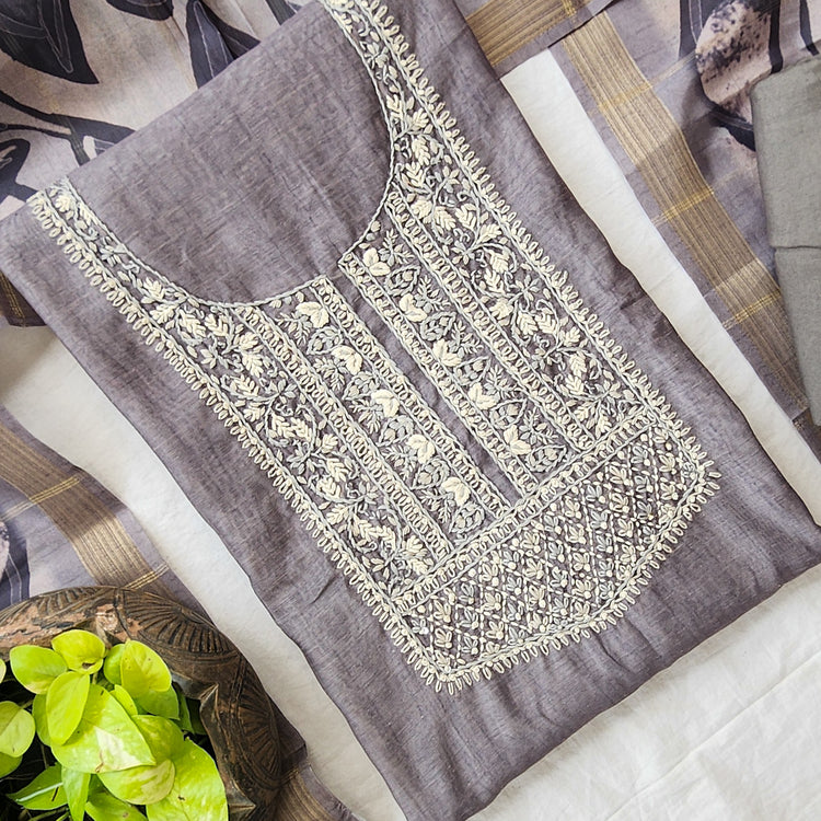 RIDHI-Soft Jute With Dark Grey Embroidered Yoke Suit – Sanskruti