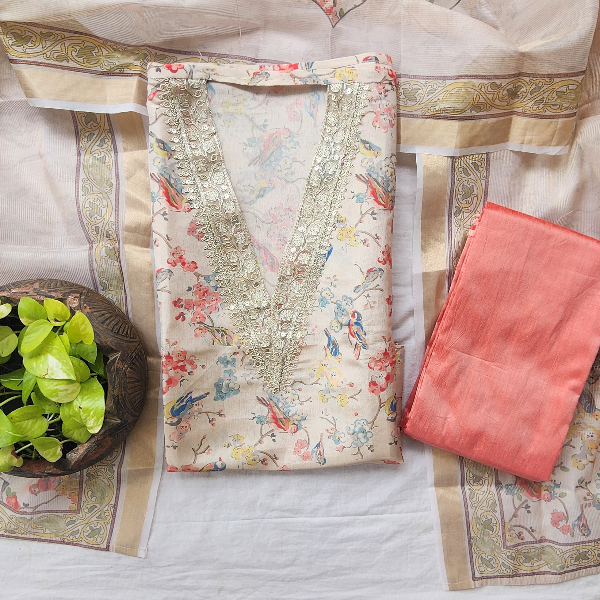 RIDHI-Tissue Beige With Peach Beautiful Floral Design And Sequence Wor ...