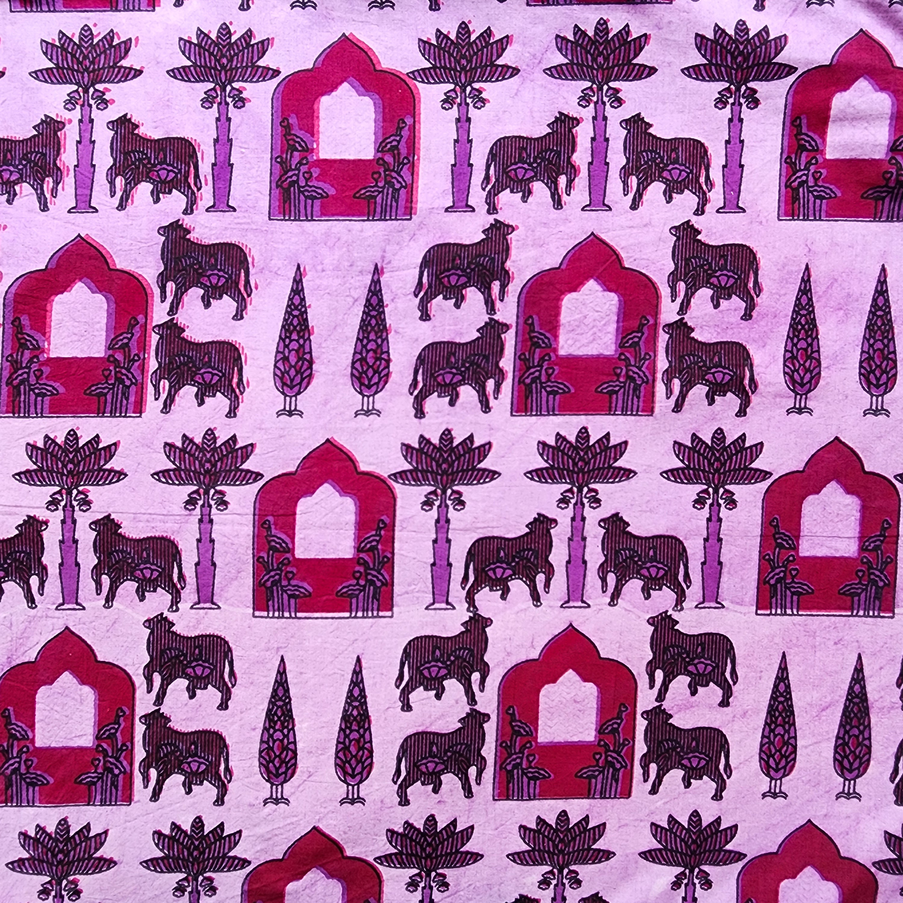 Pure Cotton Vanaspati Purple With Repeating Pattern Of Cow And Window ...