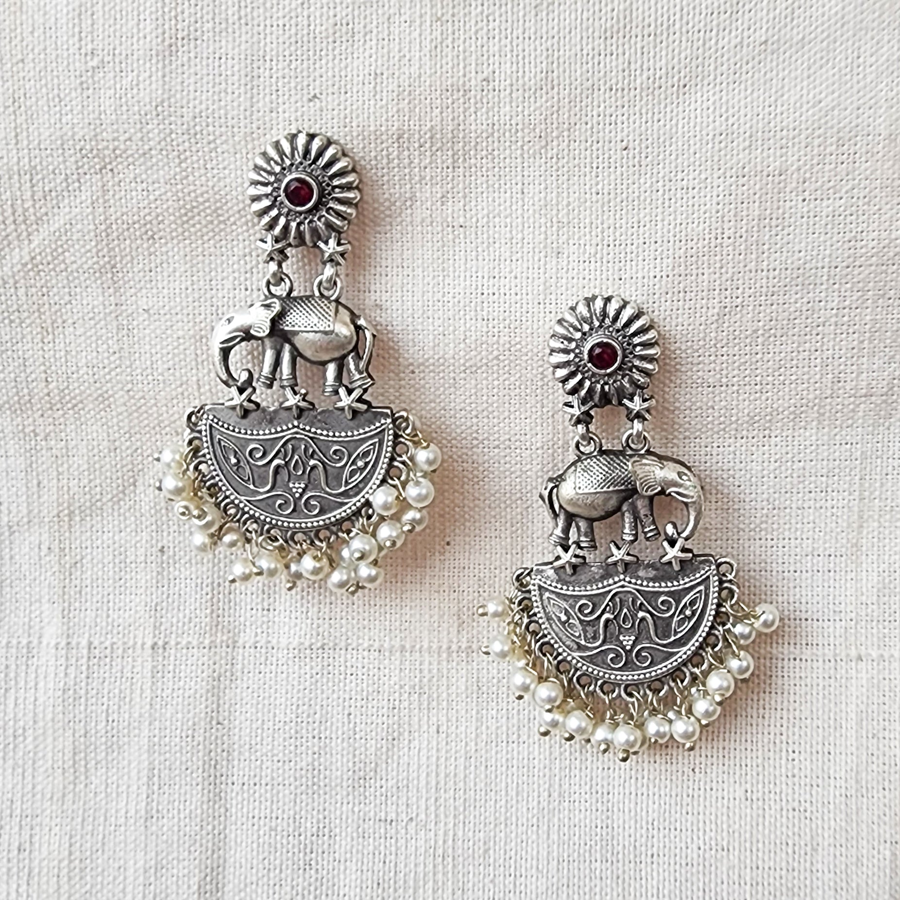 BALAMANI-Pink Stone Elephant Design Silver With Pearls German Oxidised ...