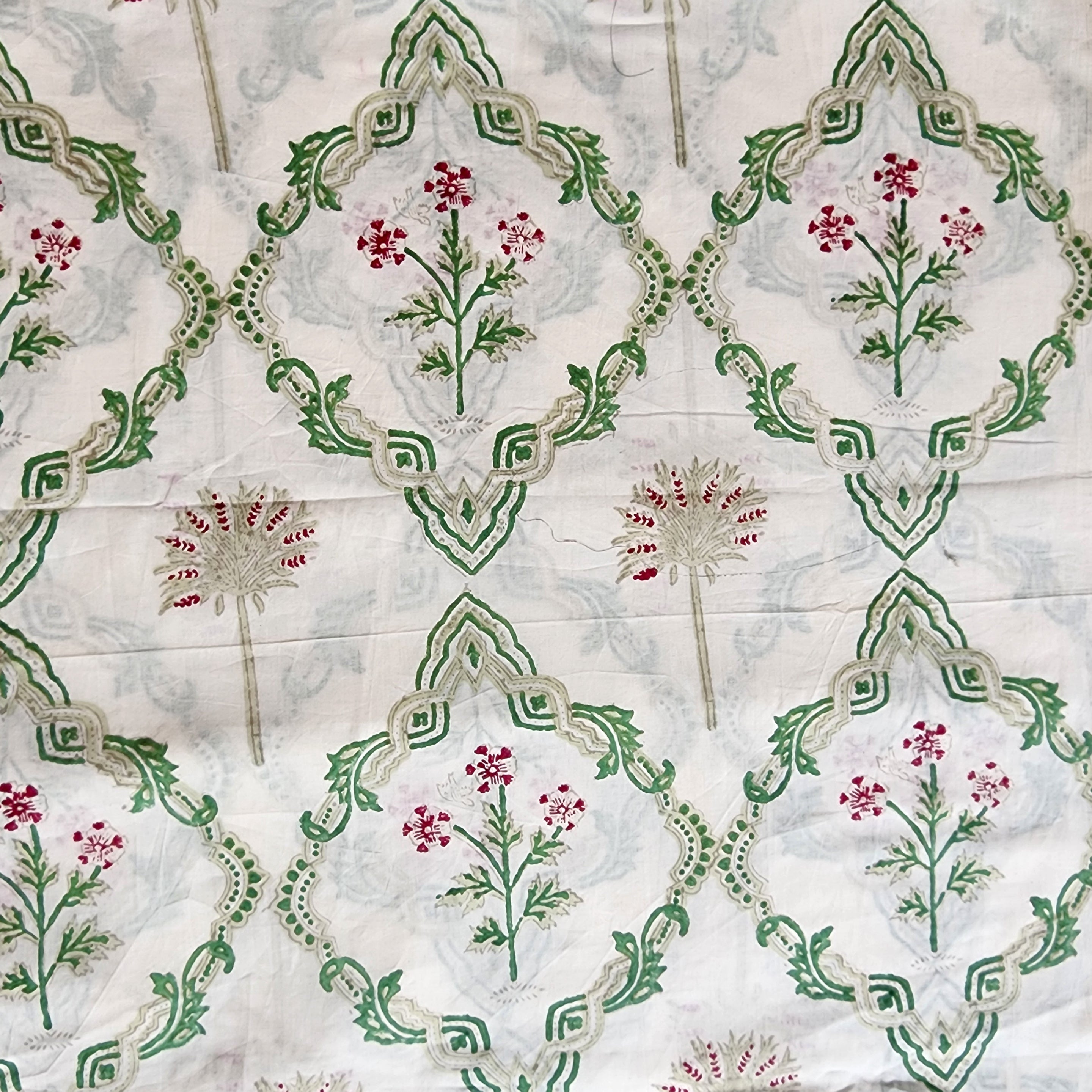 Pure Cotton Jaipuri White With Green Tiles Design With Big Flower Moti ...