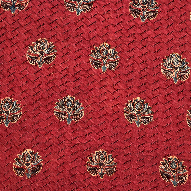 Pure Cotton Hakoba Ajrak Rust Red With Flower Motif Hand Block Print F – Sanskruti