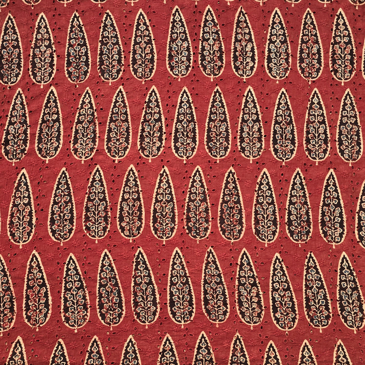 Pure Cotton Hakoba Ajrak Rust Red With Big Leaves Motif Hand Block Pri – Sanskruti