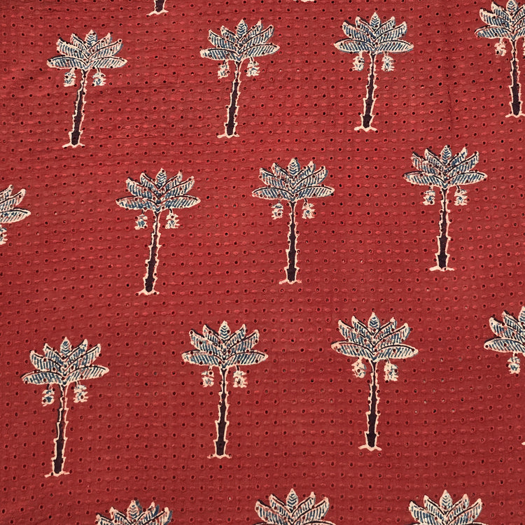 Pure Cotton Hakoba Ajrak Rust Red With Blue Tree Motif Hand Block Prin – Sanskruti