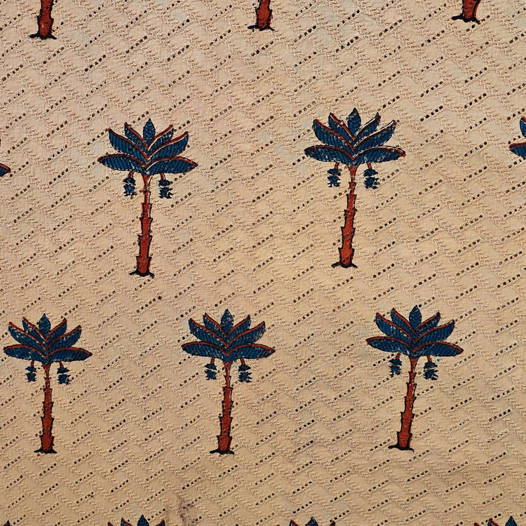 Pure Cotton Hakoba Ajrak Beige With Blue Tree Motif Hand Block Print F – Sanskruti