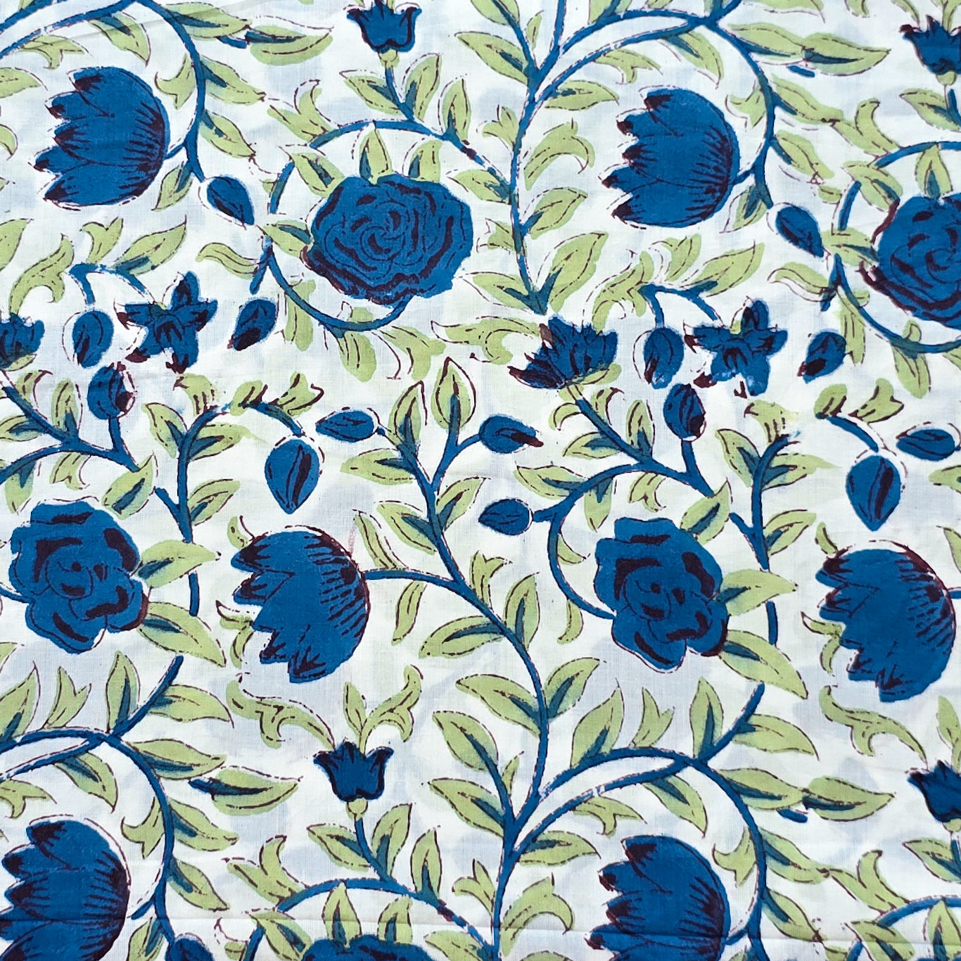 Pure Cotton Jaipuri White With Blue Flower Jaal Hand Block Print Fabri ...