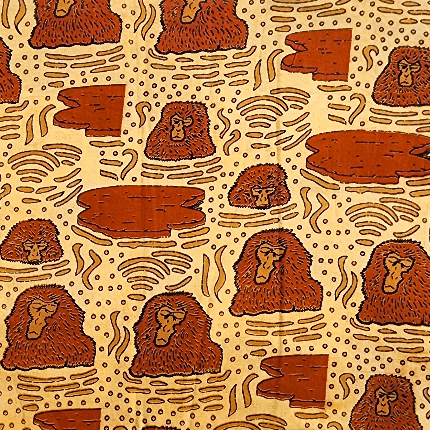 ( Pre- Cut 1.90 Meter )Pure Vanaspati Yellow With Red Gorillas Sitting ...