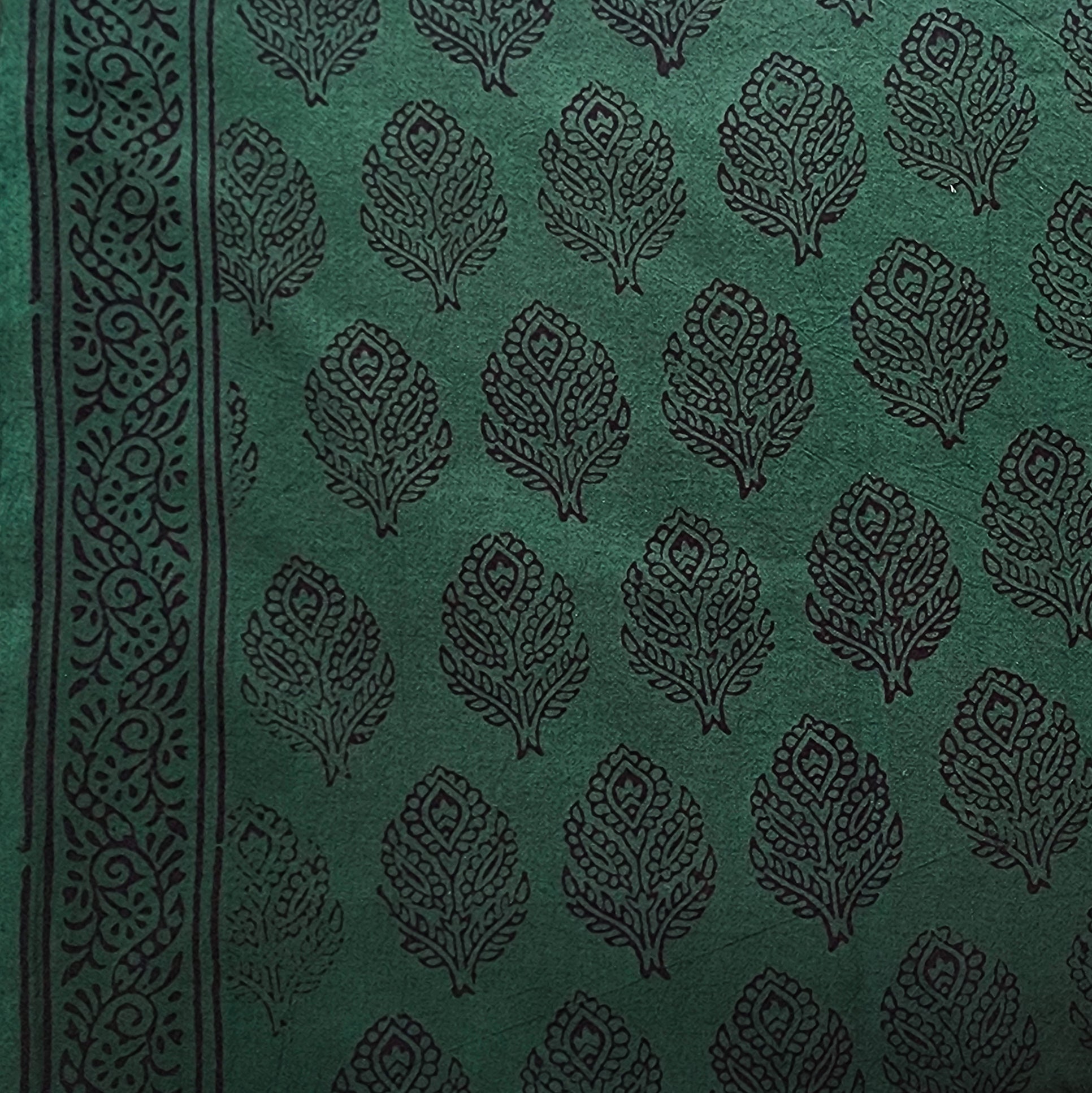 Pure Cotton Bagh Dark Green With Plant Motif With Border Design Hand B ...