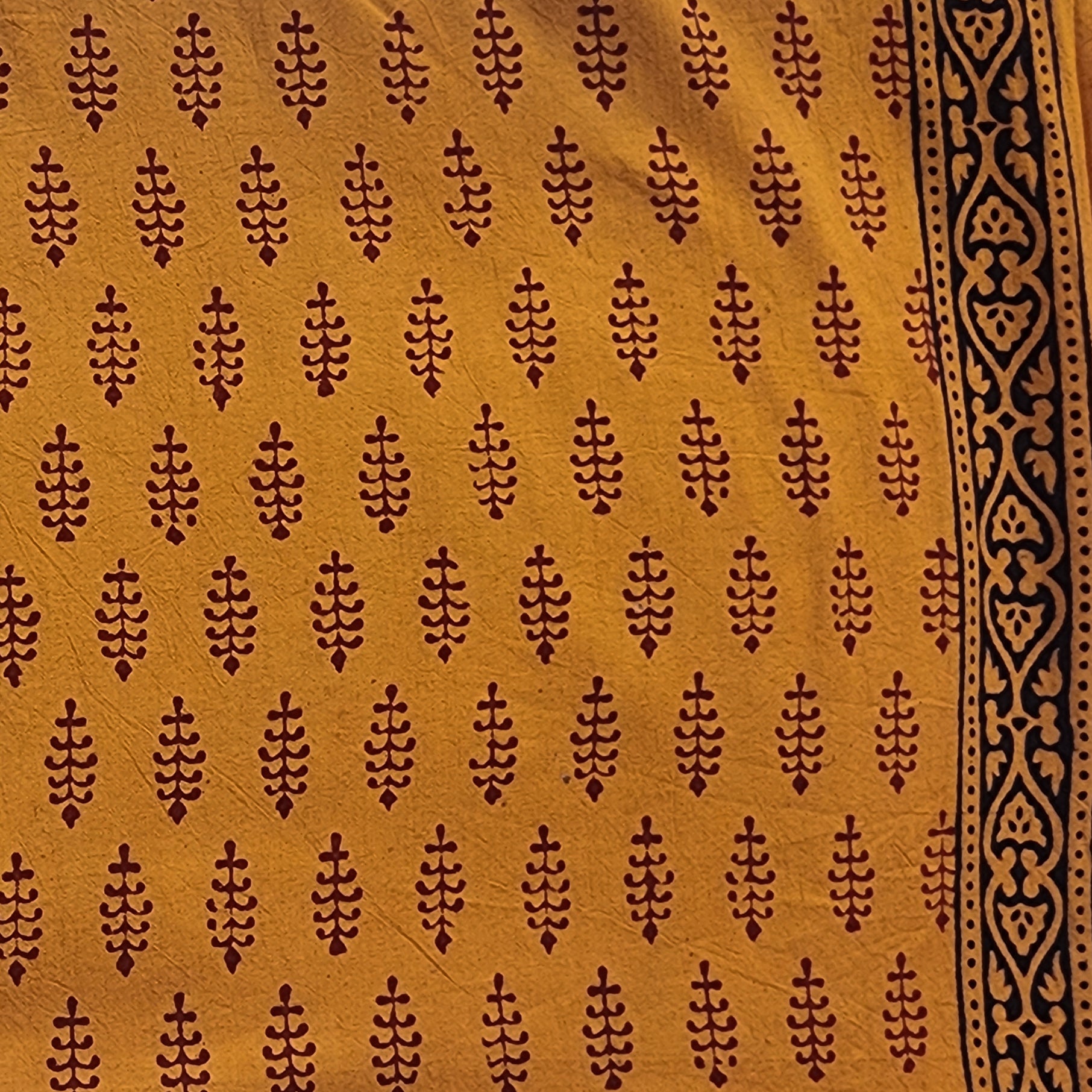 Pure Cotton Bagh Mustard With Maroon Plant Motif With Border Design Ha ...