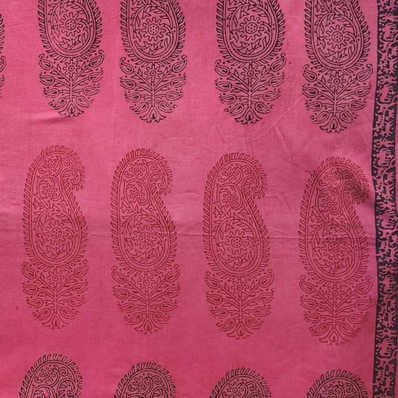 Pure Cotton Bagh Pink With Big Kairi Motif With Border Design Hand Blo ...