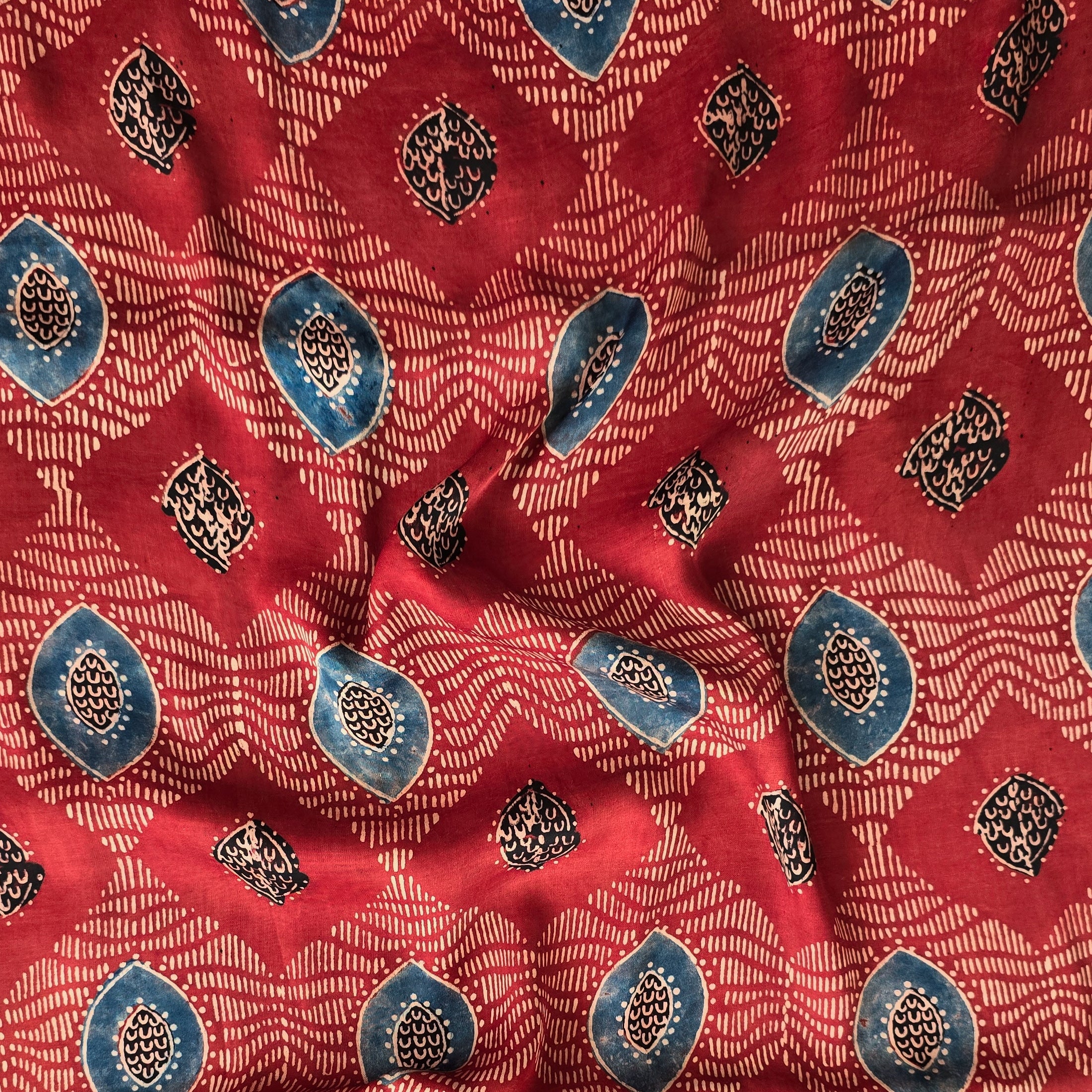 (Pre-cut 1.50 meter)Modal Silk Rust Red With Rust Blue Avocado Design ...