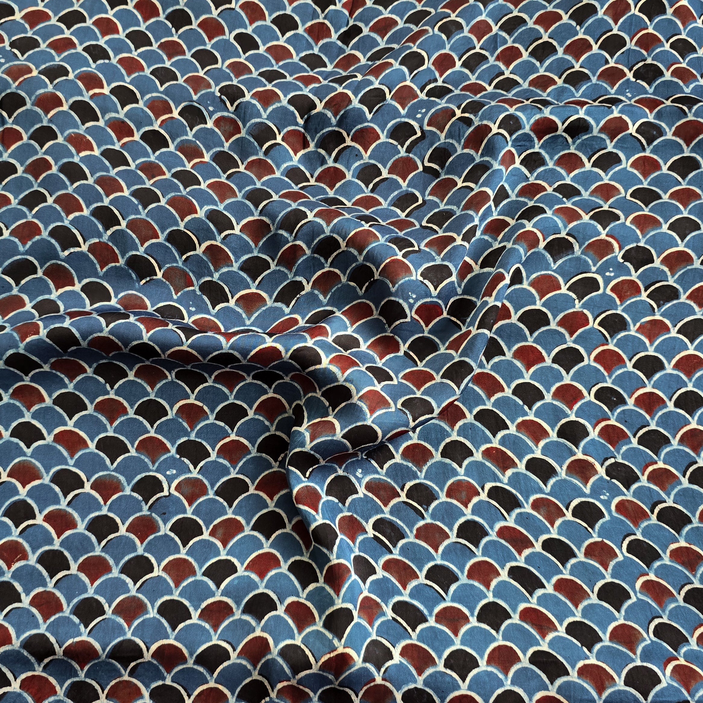 Modal Silk Blue With Rust Red And Black Shell Motif Fabric – Sanskruti