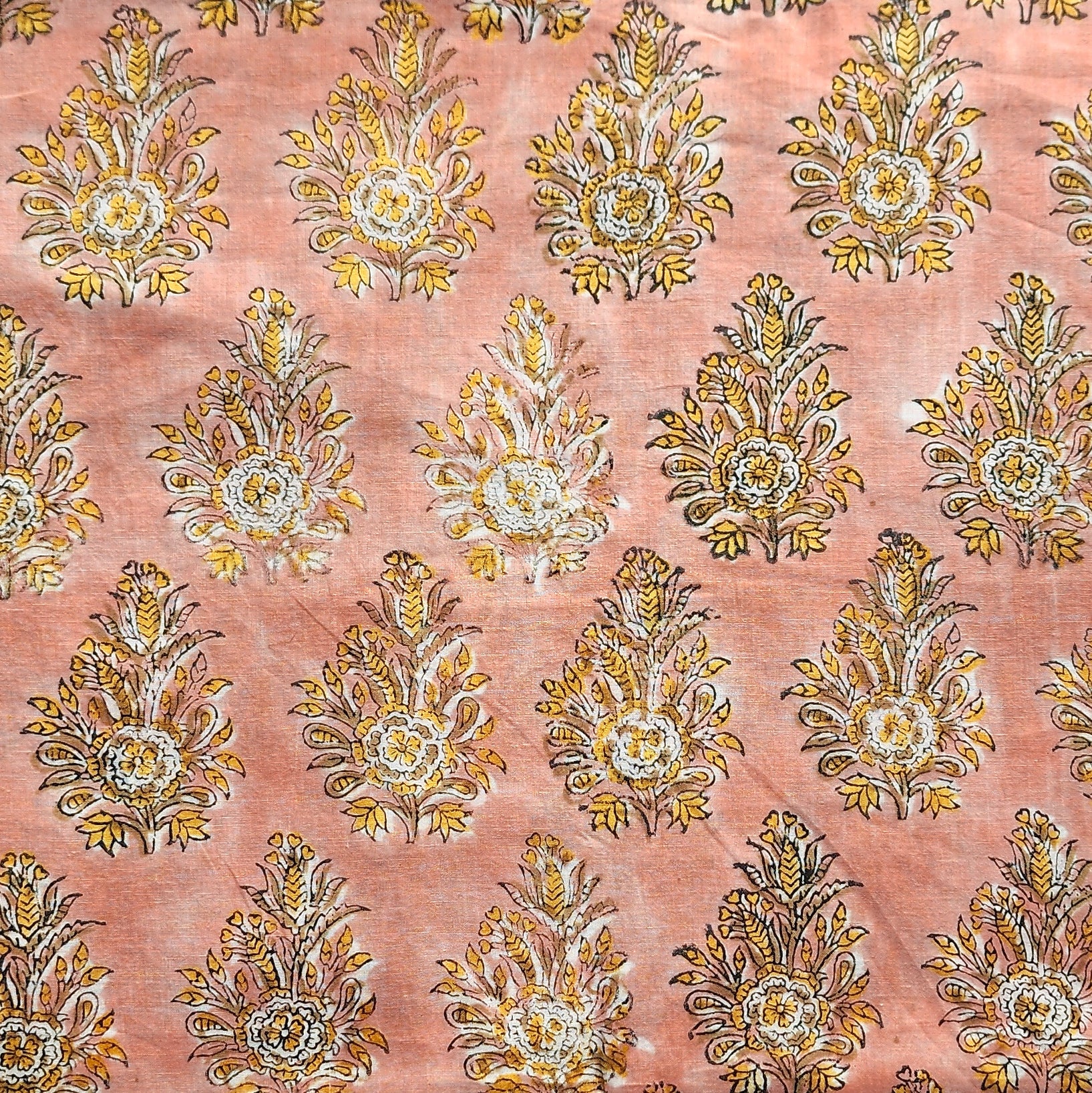 Pure Cotton Jaipuri peach with Yellow Flower Motif Hand Block Print Fa ...