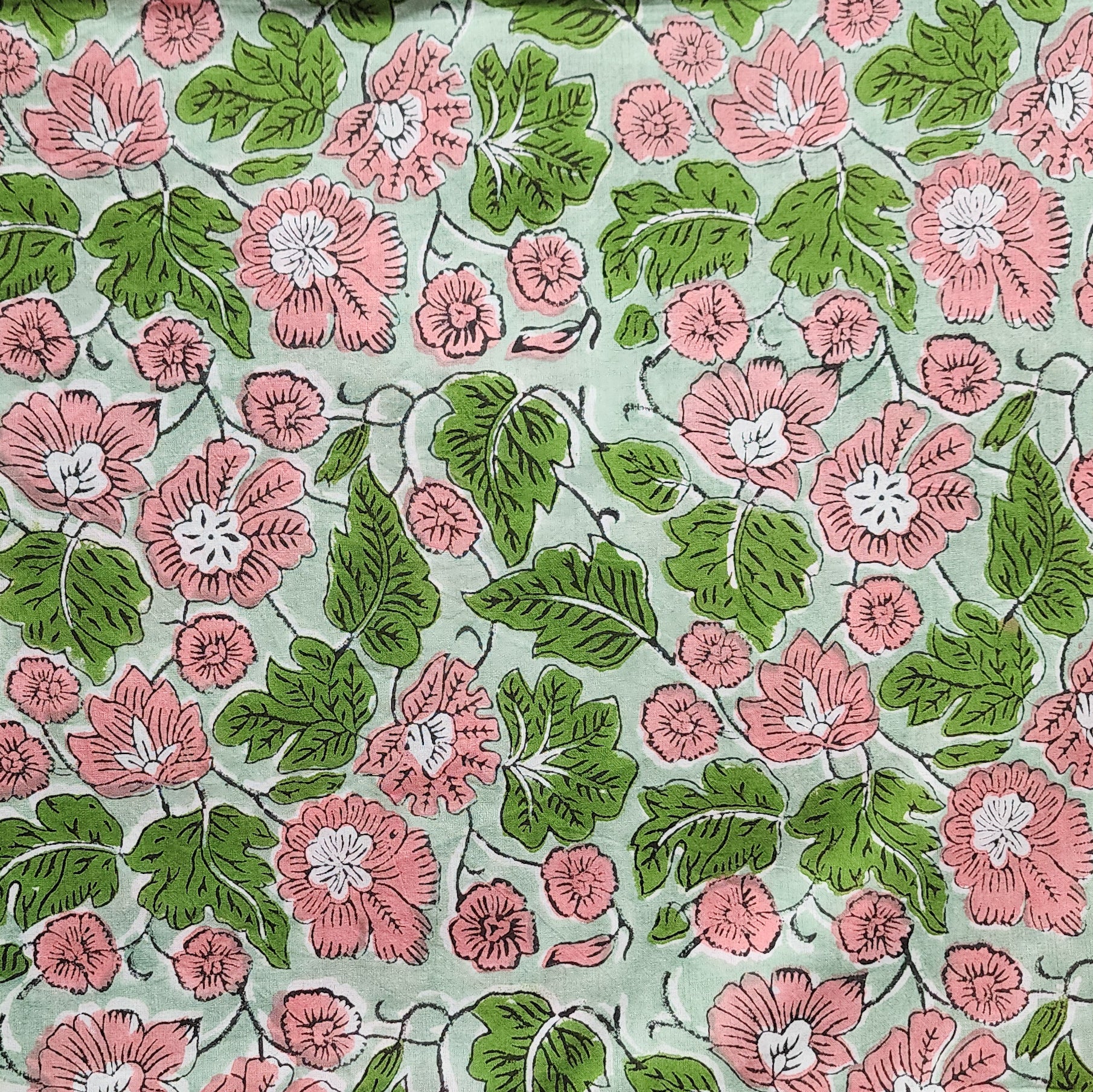 (PRE-CUT 1.50 METER)Pure Cotton Jaipuri mint Green With Dark Peach Flo ...