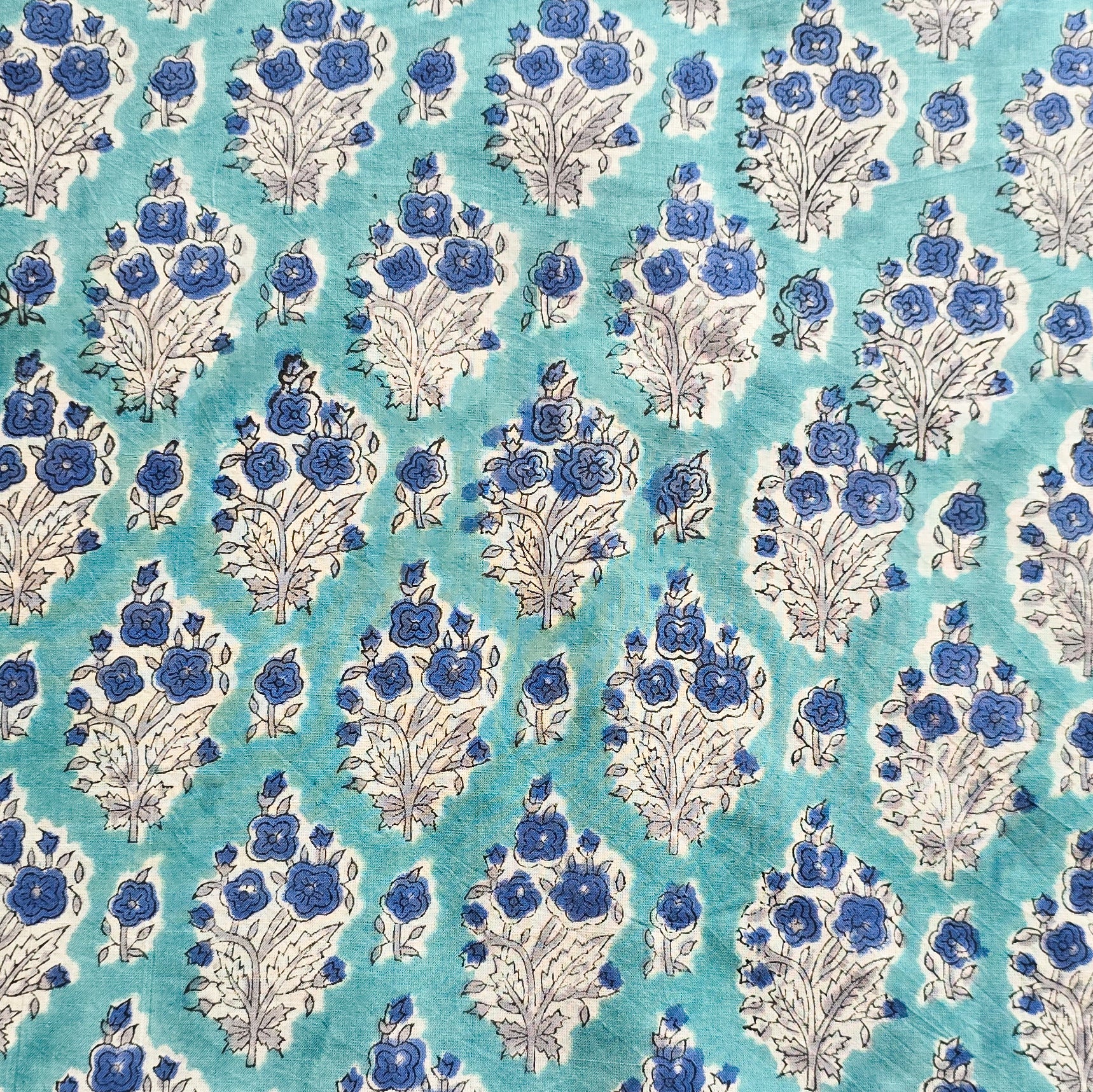 Pure Cotton Jaipuri Blue With Flower Plant Motif Hand Block Print Fabr ...