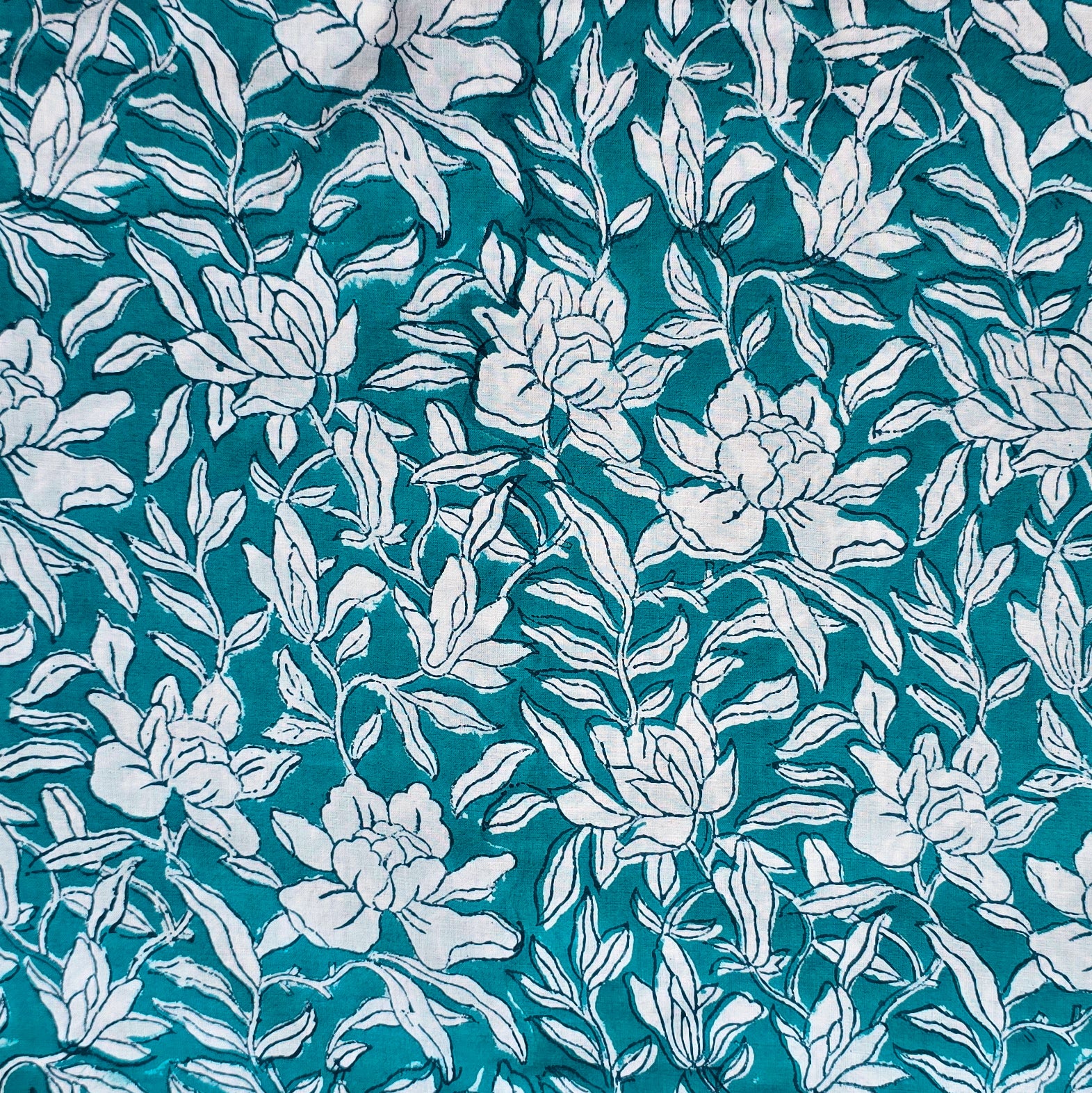 Pure Cotton Jaipuri Teal With White Flower Jaal Hand Block Print Fabri ...
