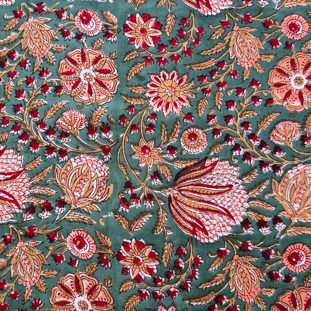 (PRE-CUT 0,80 METER) Pure Cotton Jaipuri Green With Peach And Red Flow ...