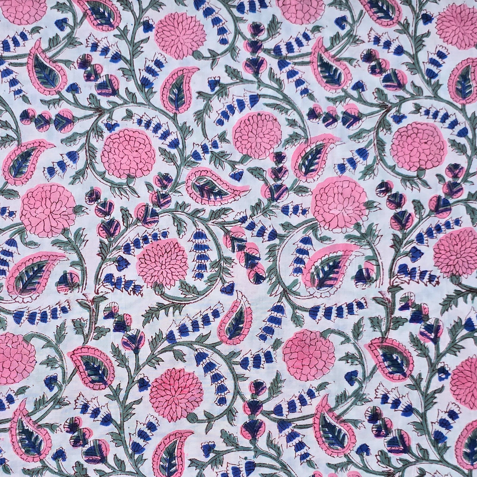 Pure Cotton Jaipuri White With Pink Flower Jaal Hand Block Print Fabri ...