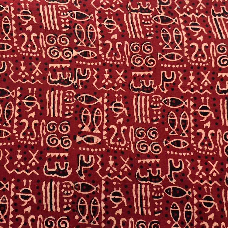 Pure Cotton Ajrak Vegetable Dyed Red And Cream With Black Warli Design – Sanskruti