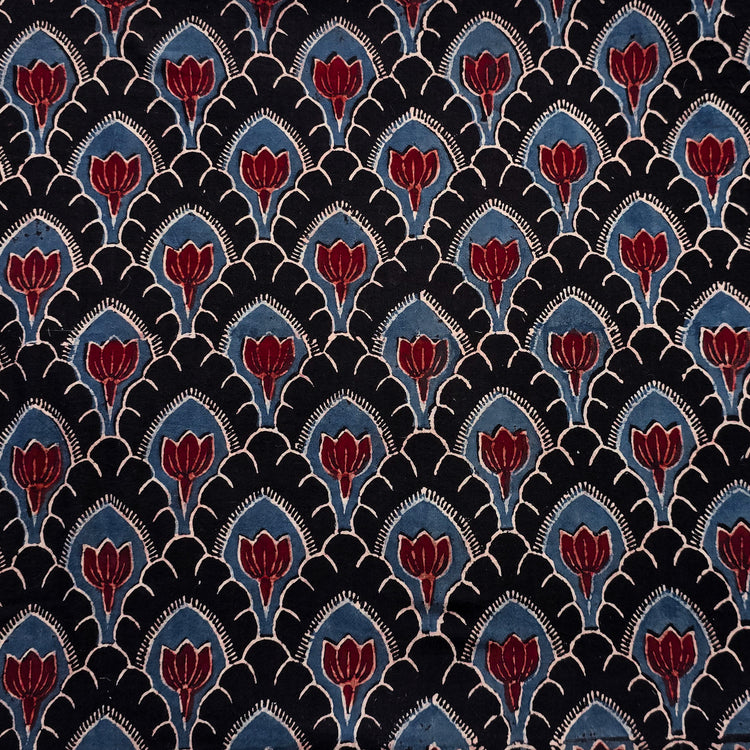 (PRE-CUT 1.15 METER) Pure Cotton Gad Ajrak Black And Rust Red With Blu – Sanskruti