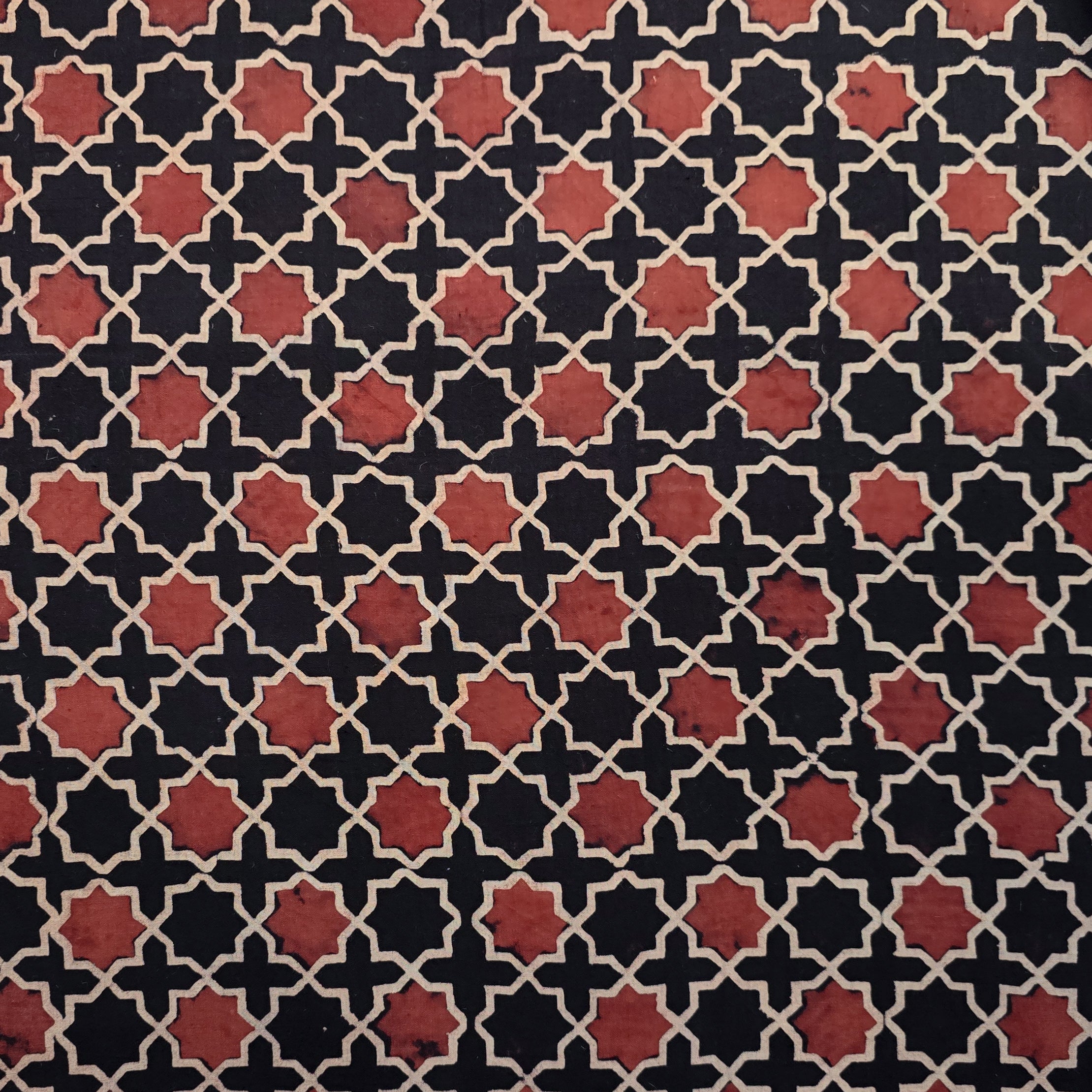 Pure Cotton Ajrak Vegetable Dyed Black With Rust Red Star Tile Hand Bl ...