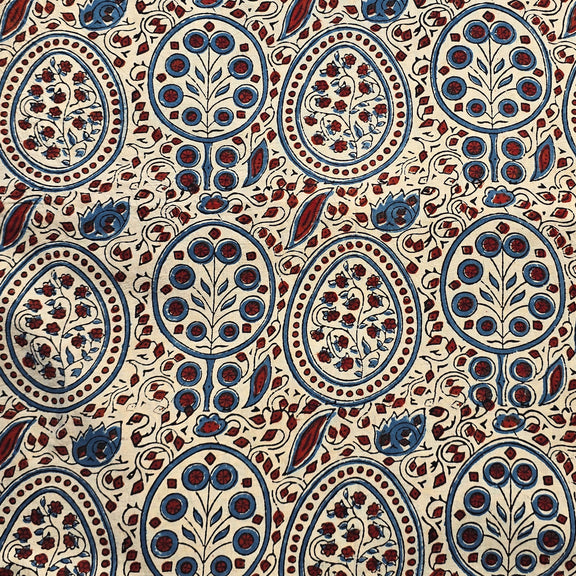 Pure Cotton Gad Ajrak Cream With Blue With Red Intricate Design Hand B – Sanskruti